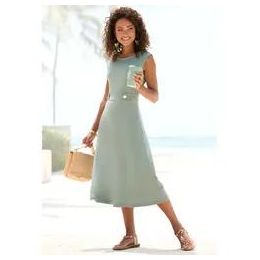 Midikleid Lascana, Damen, Gr. 44, N-Gr, gr&uuml;n (sage gr&uuml;n), Jersey, Obermaterial: 95% Polyester, 5% Elasthan, unifarben, figurumspielend kniebedeckend, Rundhals, Kleider Midikleid, mit dekorativen Riegeln und goldenen Zierkn&ouml;pfen, b&uuml;gelfrei, Topseller