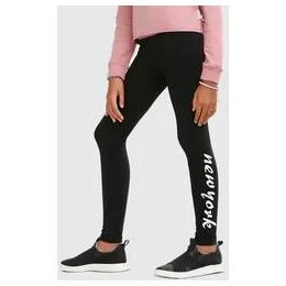 Leggings Kidsworld "Stretch-Leggings mit New York Print", M&auml;dchen, Gr. 128/134, N-Gr, schwarz, Jersey, Obermaterial: 95% Baumwolle, 5% Elasthan, bedruckt, eng lang, Hosen Leggings, mit Beindruck