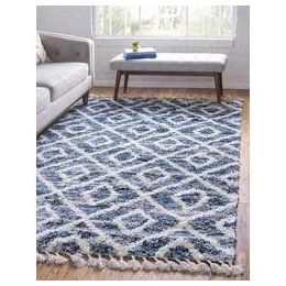 Hochflor-Teppich "Top Shag, LAGERR&Auml;UMUNG", blau (blau, elfenbeinfarben), B:66cm H:32mm L:91cm, Polypropylen (PP), MyFlair M&Ouml;BEL & ACCESSOIRES, Teppiche, Fransenteppich, gewebt, Rauten Design, melierte Optik, weich & kuschelig, mit Fransen