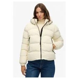 Steppjacke Superdry "HOODED SPORTS PUFFER JACKET", Damen, Gr. M, wei&szlig; (sanftes wei&szlig;), Steppware, Obermaterial: 100% Polyester, unifarben, relaxed fit normal, Jacken Steppjacke, Kunstfaser, relaxed fit