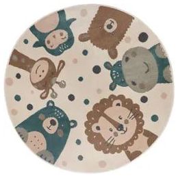 Kinderteppich Hanse Home "Adventures Animal Party", bunt (creme,braun,blau), H:8mm &Oslash;:100cm, Polypropylen, Teppiche, Kinderteppich, Spielteppich, fest, Kinderzimmer, Kurzflor, Spielunterlage