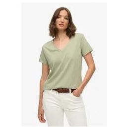 T-Shirt Superdry "STUDIOS SLUB EMB VEE TEE", Damen, Gr. L, gr&uuml;n (dusty sage), Single Jersey, Obermaterial: 60% Baumwolle, 40% Lyocell, unifarben, regular fit normal, V-Ausschnitt, Shirts T-Shirt, Baumwollmischung, relaxed fit