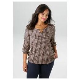 Langarmshirt ANISTON PLUS, Damen, Gr. 48, blau (marine, braun, beige), Single Jersey, Obermaterial: 95% Viskose, 5% Elasthan, bedruckt, gemustert, figurumspielend Po-bedeckend, Rundhals, elastischer Bund mit Gummizug, Shirts Langarmshirt, mit silberfarbenem Schmuckst&auml;bchen