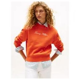 Sweatshirt Tommy Hilfiger "SCRIPT REG PIQUE SWTSHRT", Damen, Gr. S (36), orange (brilliant orange), Sweatware, Obermaterial: 85% Baumwolle, 15% Polyamid, unifarben, regular fit normal, Rundhals, Sweatshirts Sweatshirt, mit Tommy Hilfiger Script Logo-Schriftzug