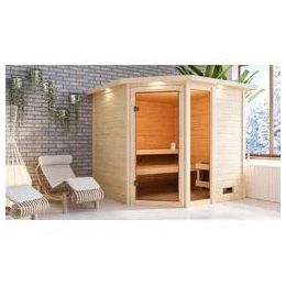 Sauna Karibu "Tally" mit bronzierter T&uuml;r und Kranz, naturbelassen", beige (naturbelassen), Saunaofen, integrierte Steuerung, 400 kW, Saunen, aus hochwertiger nordischer Fichte