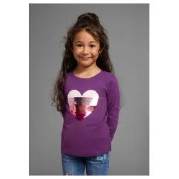 Langarmshirt Kidsworld "mit Paillettenherz zum Wenden", M&auml;dchen, Gr. 116/122, lila (dunkel lila), Jersey, Obermaterial: 100% Baumwolle, bedruckt, Basic h&uuml;ftlang, Rundhals, abgesteppte Kante, Shirts Langarmshirt, Langarm, Basic-Passform, mit glitzernden Pailletten