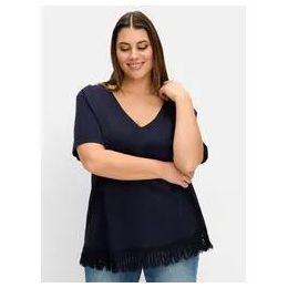 T-Shirt sheego "T-Shirt", Damen, Gr. 56/58, blau (tiefblau), 50% Baumwolle, 50% Viskose, unifarben, V-Ausschnitt, Shirts T-Shirt