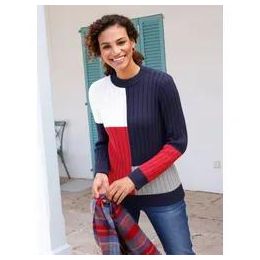 Stehkragenpullover Casual Looks "Stehkragen-Pullover", Damen, Gr. 44, blau (marine, rot), 100% Baumwolle, gemustert, mehrfarbig, Pullover Stehkragenpullover