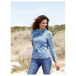 Stehkragenpullover Casual Looks "Pullover", Damen, Gr. 48, blau (mittelblau, schilf, gemustert), 50% Baumwolle, 50% Polyacryl, gemustert, kariert, mehrfarbig, Pullover Stehkragenpullover