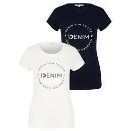 T-Shirt Tom Tailor DENIM, Damen, Gr. XS (32), blau (marine, wei&szlig;), Jersey, Obermaterial: 100% Baumwolle, bedruckt, unifarben, Basic, normal normal, Rundhals, Shirts T-Shirt