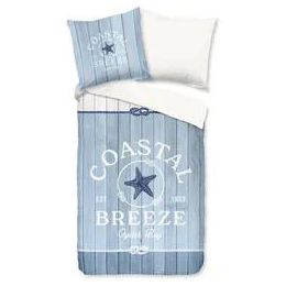 Wendebettw&auml;sche Good Morning "Breeze", blau, B/L: 155cm x 220cm, 1 Stk., 1 Stk., Renforc&eacute;, B/L: 80cm x 80cm, 2 Stk., Renforc&eacute;, Obermaterial: 100% Baumwolle, Bettw&auml;sche, Wendebettw&auml;sche, Baumwolle, Renforc&eacute;, Rei&szlig;verschluss, Wendeoptik, strand, Holz, Blau
