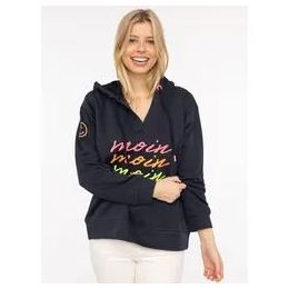 Hoodie Zwillingsherz "Moin Moin Moin", Damen, Gr. L/XL, blau (marine), Jersey, Obermaterial: 50% Baumwolle, 50% Polyester, unifarben mit Farbeins&auml;tzen, h&uuml;ftbedeckend, V-Ausschnitt, Sweatshirts Hoodie, V-Ausschnitt, bunte Stickerei, Kapuze, Kordelzug