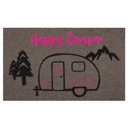 Fu&szlig;matte Wecon Home "Happy Camper", grau (grau,schwarz), B:45cm H:18mm L:75cm, Kokos, Teppiche, Fu&szlig;matte, rutschfest, robust, innen, Au&szlig;enbereiche &uuml;berdacht, schwer