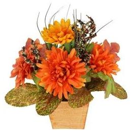Kunstblume I.GE.A. "Dahlien-Gesteck im Topf", orange, B:22cm H:26cm L:20cm, Polyester, Kunstpflanzen, Mit Beeren Blume Dekoblume Gesteck Herbstblume Herbstdeko Mittelst&uuml;ck