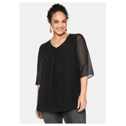 Chiffonbluse sheego, Damen, Gr. 50, schwarz, 100% Polyester, unifarben, V-Ausschnitt, Blusen Chiffonbluse