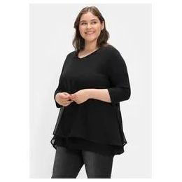 3/4-Arm-Shirt sheego "3/4-Arm-Shirt", Damen, Gr. 44/46, schwarz, 95% Viskose, 5% Elasthan, Chiffon:100% Polyester, unifarben, V-Ausschnitt, Shirts 3/4-Arm-Shirt