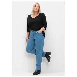 Stretch-Jeans sheego, Damen, Gr. 48, Normalgr&ouml;&szlig;en, blau (blau denim), 71% Baumwolle, 27% Polyester, 2% Elasthan, unifarben, lang, Jeans