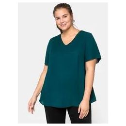 Longbluse sheego, Damen, Gr. 44, gr&uuml;n (tiefgr&uuml;n), 100% Polyester, unifarben, V-Ausschnitt, Blusen Longbluse