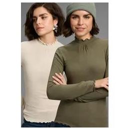 Longsleeve Laura Scott, Damen, Gr. 40/42, sand, oliv, Rippware, Obermaterial: 95% Viskose, 5% Elasthan, clean, unifarben, Basic, figurbetont h&uuml;ftbedeckend, Shirts, gerippt mit R&uuml;schen