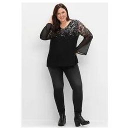 Longbluse sheego, Damen, Gr. 46, schwarz-wei&szlig; (schwarz, wei&szlig; gemustert), 100% Polyester, bedruckt, gemustert, mehrfarbig, V-Ausschnitt, Blusen Longbluse