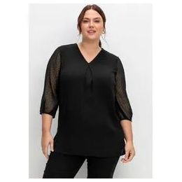 Longbluse sheego, Damen, Gr. 48, schwarz, 100% Polyester, unifarben, V-Ausschnitt, Blusen Longbluse
