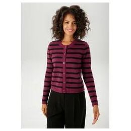 Strickjacke Aniston CASUAL, Damen, Gr. 46, bordeaux, schwarz, Strick, Obermaterial: 75% Polyacryl, 22% Polyester, 3% Elasthan, geringelt, gestreift, l&auml;ssig geschnitten kurz, Rundhals, Rippstrickb&uuml;ndchen, Strickjacken Strickjacke, im Streifen-Dessin