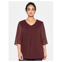 Chiffonbluse sheego, Damen, Gr. 42, rot (weinrot), 100% Polyester, unifarben, V-Ausschnitt, Blusen Chiffonbluse