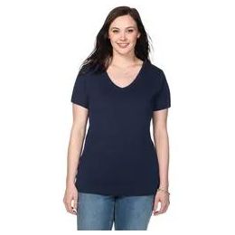 T-Shirt sheego "T-Shirt", Damen, Gr. 56/58, blau (marine), 100% Baumwolle, unifarben, V-Ausschnitt, Shirts T-Shirt