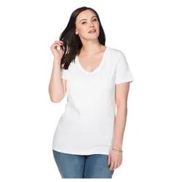 T-Shirt sheego "T-Shirt", Damen, Gr. 56/58, wei&szlig;, 100% Baumwolle, unifarben, V-Ausschnitt, Shirts T-Shirt