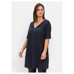 Longshirt sheego "Longshirt", Damen, Gr. 44/46, blau (nachtblau), 100% Baumwolle, unifarben, V-Ausschnitt, Shirts Longshirt