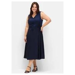Cocktailkleid sheego "Cocktailkleid", Damen, Gr. 58, Normalgr&ouml;&szlig;en, blau (marine), 97% Baumwolle, 3% Elasthan, unifarben, knielang, V-Ausschnitt, Kleider