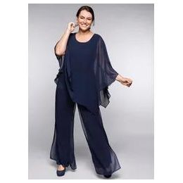 Longbluse sheego, Damen, Gr. 50, blau (marine), 100% Polyester, unifarben, Rundhals, Blusen Longbluse