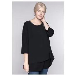 Blusenshirt sheego "Blusenshirt", Damen, Gr. 48/50, schwarz, 95% Viskose, 5% Elasthan, Webware:100% Polyester, unifarben, Rundhals, Shirts Blusenshirt