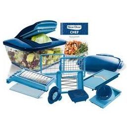 Gem&uuml;seschneider Genius "Nicer Dicer Chef, Set 15-tlg., schneiden/reiben, alles mit einem Ger&auml;t", blau, B:25cm H:18cm T:25cm, Zerkleinerer, Gem&uuml;seschneider, f. W&uuml;rfel, Stifte, Scheiben, Streifen, Juliettis, Spiralen u. Julienne