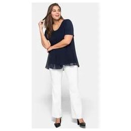 Blusenshirt sheego "Blusenshirt", Damen, Gr. 58, blau (marine), 95% Viskose, 5% Elasthan, Chiffon:100% Polyester, unifarben, Rundhals, Shirts Blusenshirt
