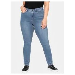 Stretch-Jeans sheego, Damen, Gr. 29, Kurzgr&ouml;&szlig;en, blau (blau denim), 37% Viskose, 34% Baumwolle, 27% Polyester, 2% Elasthan, unifarben, lang, Jeans