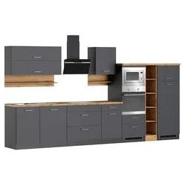 K&uuml;chenzeile KOCHSTATION "KS-Milan", k&uuml;che: grau, front: anthrazit, korpus: grafitgrau, arbeitsplatte: wotaneiche, B:390cm H:200cm T:60cm, Komplettk&uuml;chen-Sets, K&uuml;chenzeile, 390 cm breit, viel Stauraum, wahlweise mit E-Ger&auml;ten