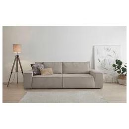 3-Sitzer Home Affaire "SHERWOOD Schlafsofa (257cm) Cord, Samtvelours, Vintage-Lederoptik", greige, B:257cm H:85cm T:106cm, 100% Polyester, Sofas, Schlaffunktion mit Bettkasten (ca. 136/200cm)