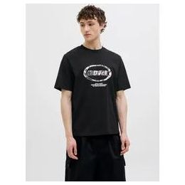 Jack & Jones T-Shirt JACK & JONES "JCOLIDO AOP FRONT PRINT TEE SS CREW NECK", Herren, Gr. S, schwarz, Jersey, Obermaterial: 100% Baumwolle, bedruckt, regular fit taillenbedeckt, Rundhals, gerader Abschluss, Shirts T-Shirt, mit Frontprint