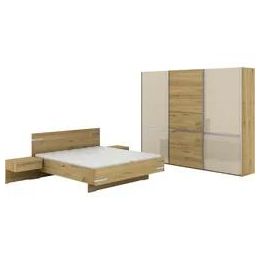 Schlafzimmer-Set Musterring "Savona, Kleiderschrank, Bett & Nachtkommoden, teilmassiv Bianco-Eiche", braun, Schrank 300cm Breit / 236cm Hoch + ohne Matratze, B/H: 180cm x 200cm, Schrank 300cm Breit / 236cm Hoch, Floatglas, Hartfaserplatte, Holz teilmassiv, Holzwerkstoff, Massivholz, Spanplatte, Schlafzimmerm&ouml;bel-Sets, Eiche- und Glast&uuml;ren, Kopfteil Eiche, Konsolen Glasfront, H&ouml;he 236cm