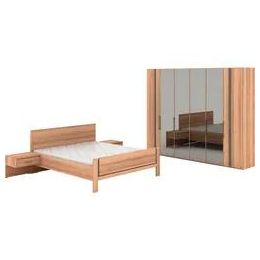 Schlafzimmer-Set Musterring "Sorrent, Kleiderschrank, Bett & Nachtkommoden, teilmassiv Eiche", braun, Schrank 300cm Breit / 236cm Hoch + ohne Matratze, B/H: 180cm x 200cm, Schrank 300cm Breit / 236cm Hoch, Glas, Hartfaserplatte, Holz teilmassiv, Holzwerkstoff, Massivholz, Schlafzimmerm&ouml;bel-Sets, Bett mit Stollenfu&szlig;, Eiche teilmassiv, Spiegelt&uuml;ren in Parsol-Bronze