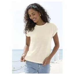 Kurzarmshirt Vivance "aus b&uuml;gelfreiem Waffelstrick", Damen, Gr. 44/46, beige (creme), Strick, Obermaterial: 64% Polyester, 34% Viskose, 2% Elasthan, leicht transparent, unifarben, bequem, Rundhals, Shirts