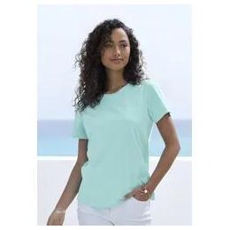 Beach Time T-Shirt BEACHTIME "mit modischem Schlitz am Saum", Damen, Gr. 36/38, blau (t&uuml;rkis), Single Jersey, Obermaterial: 100% Baumwolle, unifarben, Basic, figurumspielend, Rundhals, Shirts T-Shirt, aus hochwertiger Baumwoll-Qualit&auml;t