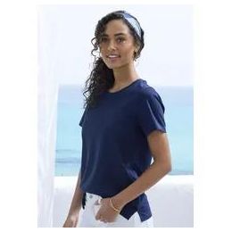 Beach Time T-Shirt BEACHTIME "mit modischem Schlitz am Saum", Damen, Gr. 44/46, blau (navy), Single Jersey, Obermaterial: 100% Baumwolle, unifarben, Basic, figurumspielend, Rundhals, Shirts T-Shirt, aus hochwertiger Baumwoll-Qualit&auml;t