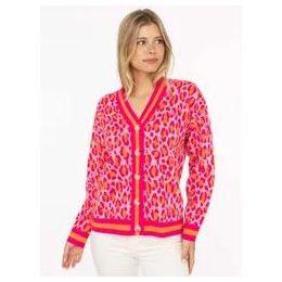 Strickjacke Zwillingsherz "Leo Streifen", Damen, Gr. S/M, pink orange, Strick, Obermaterial: 70% Polyacryl, 30% Wolle, Strickjacken Strickjacke, mit Kn&ouml;pfen, Leomuster und Streifenb&uuml;ndchen