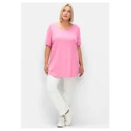 Longshirt sheego "Longshirt", Damen, Gr. 48/50, rosa (blumiges pink), 100% Baumwolle, unifarben, Rundhals, Shirts Longshirt