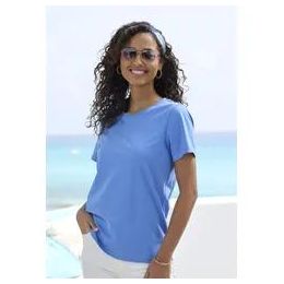 Beach Time T-Shirt BEACHTIME "mit modischem Schlitz am Saum", Damen, Gr. 48/50, blau (hellblau), Single Jersey, Obermaterial: 100% Baumwolle, unifarben, Basic, figurumspielend, Rundhals, Shirts T-Shirt, aus hochwertiger Baumwoll-Qualit&auml;t