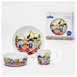Kindergeschirr-Set Van Well "Kinderset Baustelle, 3-teilig, Geschirr-Set, Service", bunt (wei&szlig;, bunt), 3 Stk., Porzellan, Geschirr-Sets, mit farbenfrohem Dekor, sp&uuml;lmaschinen- und mikrowellengeeignet