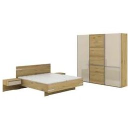 Schlafzimmer-Set Musterring "Savona, Kleiderschrank, Bett & Nachtkommoden, teilmassiv Bianco-Eiche", braun, Schrank 250cm Breit / 236cm Hoch + ohne Matratze, B/H: 180cm x 200cm, Schrank 250cm Breit / 236cm Hoch, Floatglas, Hartfaserplatte, Holz teilmassiv, Holzwerkstoff, Massivholz, Spanplatte, Schlafzimmerm&ouml;bel-Sets, Eiche- und Glast&uuml;ren, Kopfteil Eiche, Konsolen Glasfront, H&ouml;he 236cm