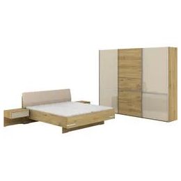 Schlafzimmer-Set Musterring "Savona, Kleiderschrank, Bett & Nachtkommoden, teilmassiv Bianco-Eiche", braun, Schrank 300cm Breit / 236cm Hoch + ohne Matratze, B/H: 180cm x 200cm, Schrank 300cm Breit / 236cm Hoch, Floatglas, Hartfaserplatte, Holz teilmassiv, Holzwerkstoff, Massivholz, Spanplatte, Schlafzimmerm&ouml;bel-Sets, Kopfteil Bett Kunstleder Champagner, Schrank mit Eiche- und Glast&uuml;ren